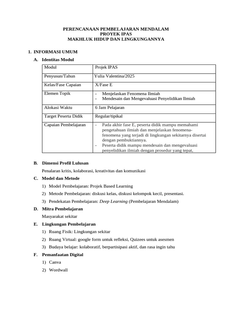 Modul IPAS 1 Teknologi Deep Learning (Projek Makhluk Hidup Dan Lingkungannya) | PDF