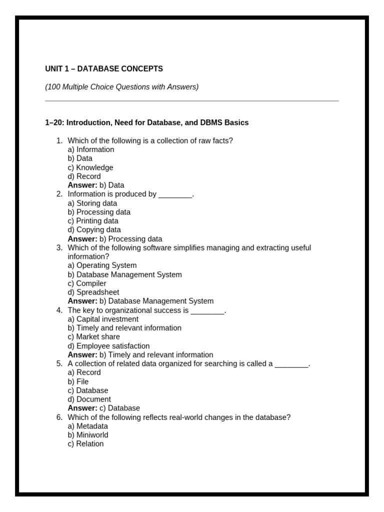 Xii - Unit-1 Database Concepts 100 MCQ | PDF | Databases | Computer Programming