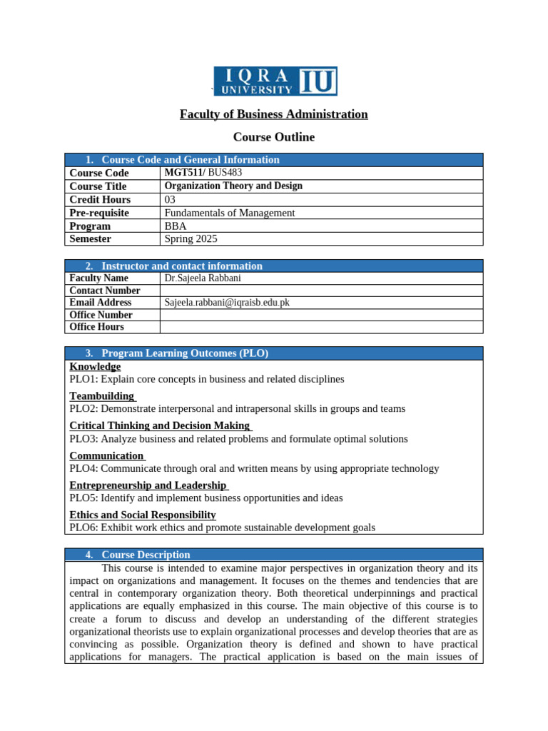 Organization Theory and Design Course Outline | PDF | Communication ...