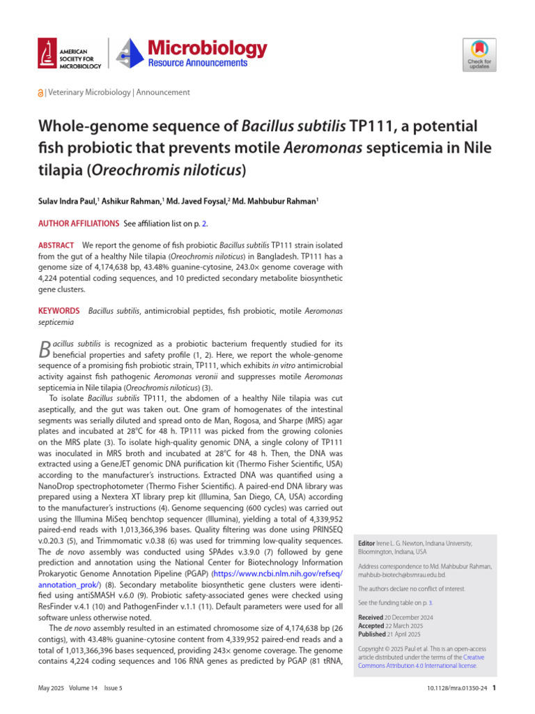 Paul Et Al Whole Genome Sequence of Bacillus Subtilis Tp111 | PDF | Bacillus | Gene