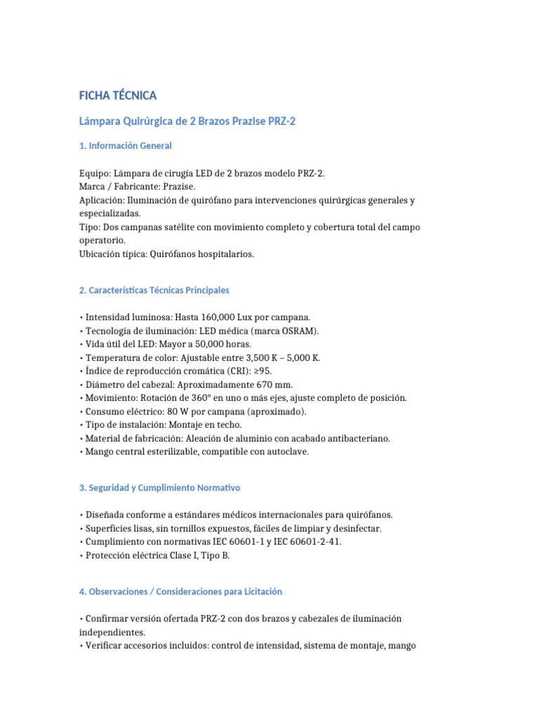 Ficha Tecnica Lampara Quirurgica Prazise PRZ2 | PDF | Diodo emisor de luz