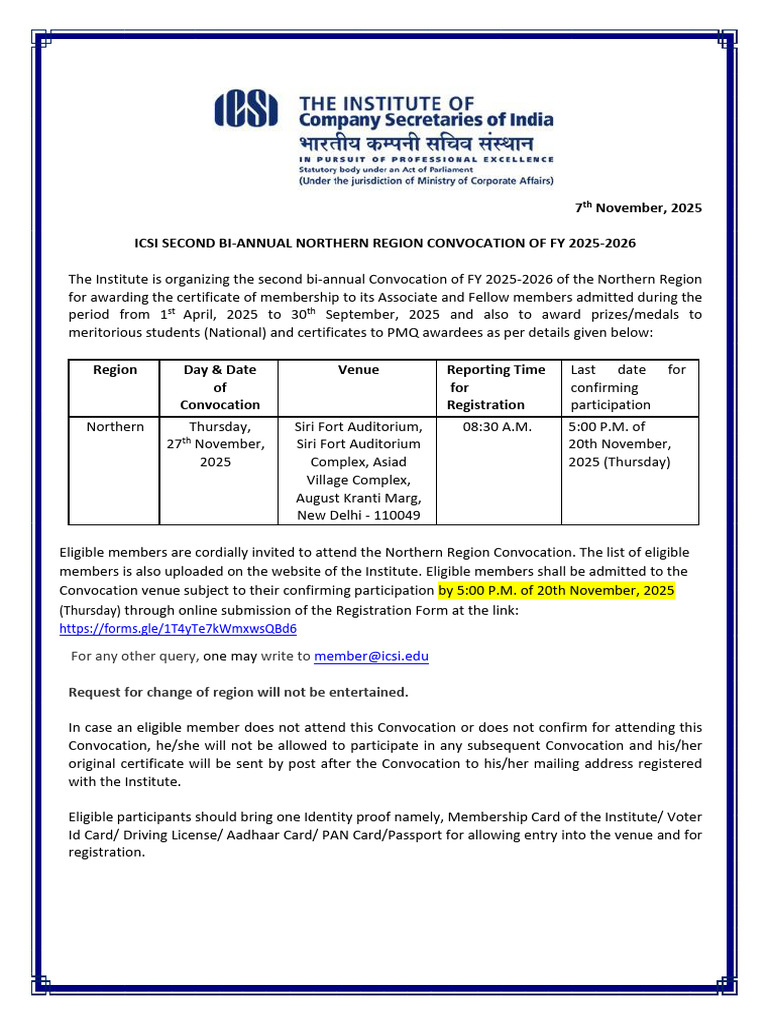 ICSI Second Bi-Annual Northern Region Convocation On 27th November, 2025 at New Delhi | PDF ...
