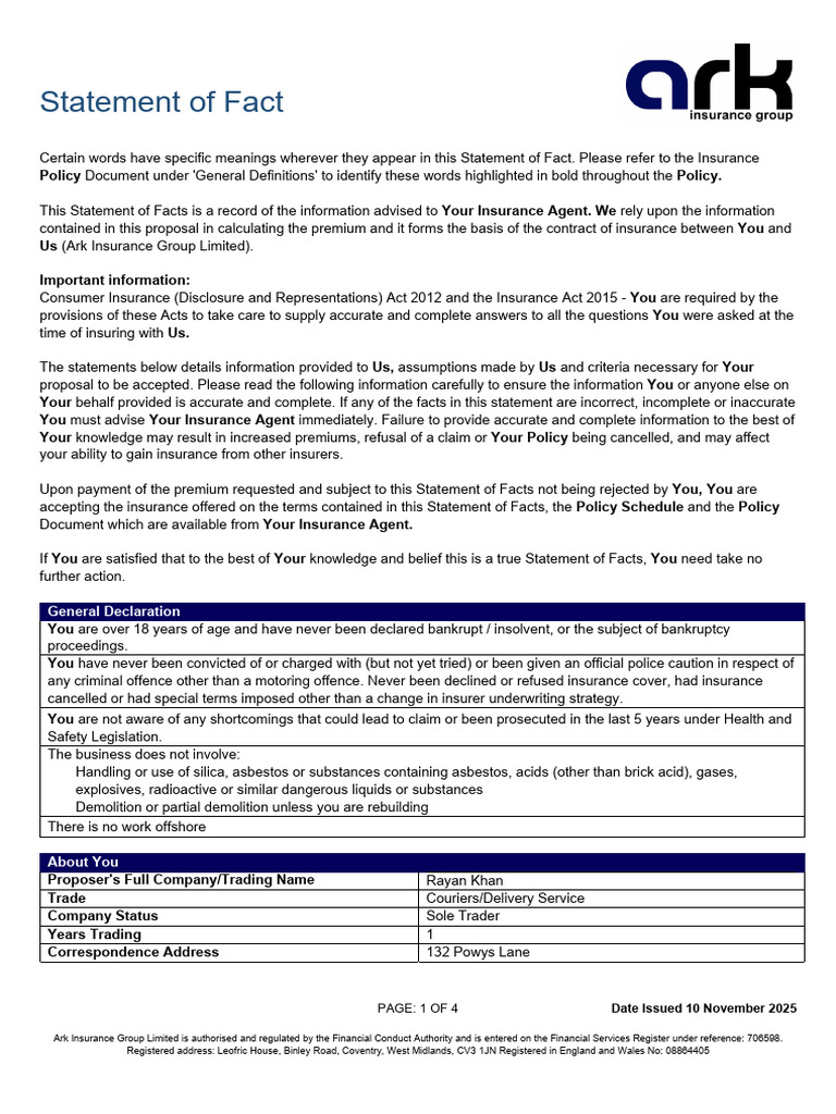 Statement of Fact (KHRX01PP01) | PDF | Insurance | Fraud