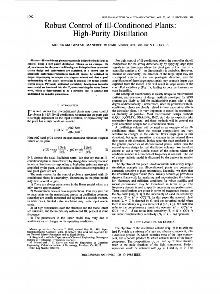 Robust Control of Distillation Columns | PDF | Control Theory | Applied ...