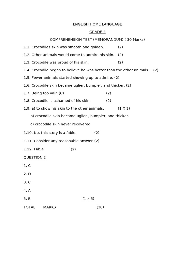 Grade 4 English Comprehension Test | PDF