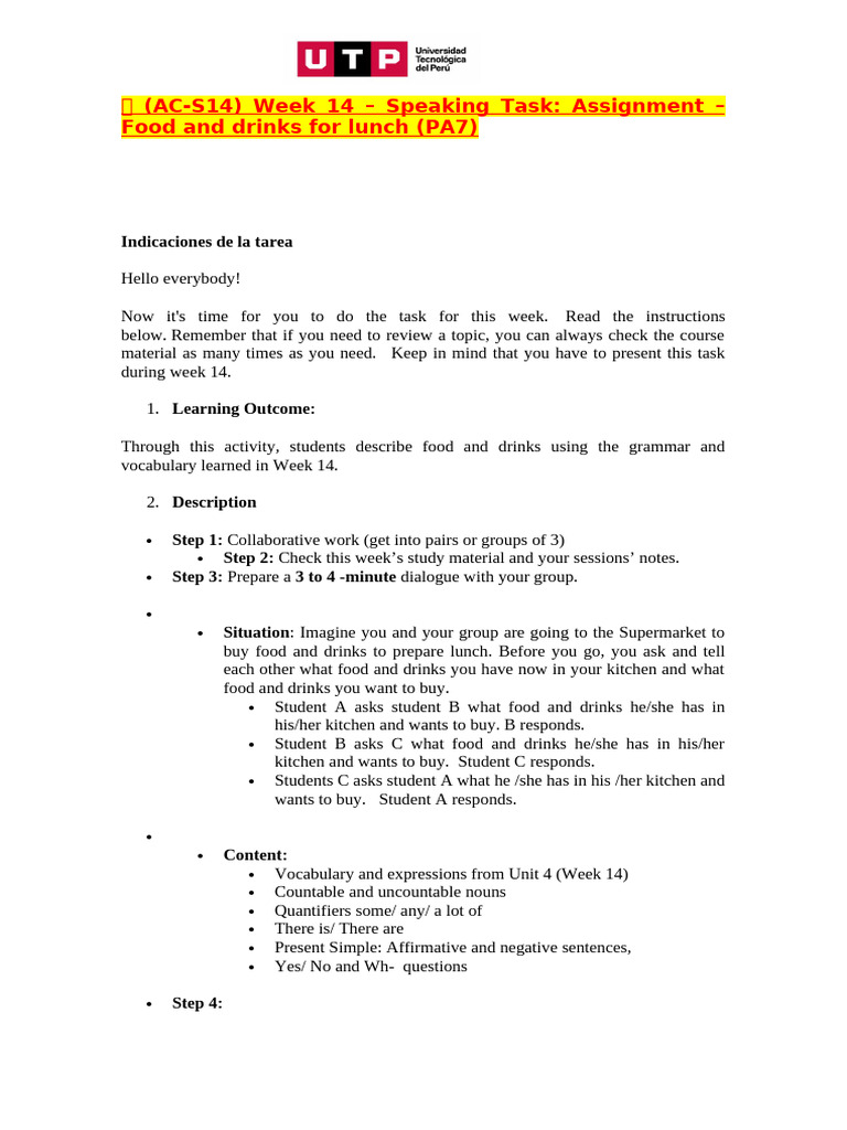 ? (AC-S14) Week 14 - Speaking Task Assignment - Food and Drinks For Lunch (PA7) - Ingles 2 | PDF ...