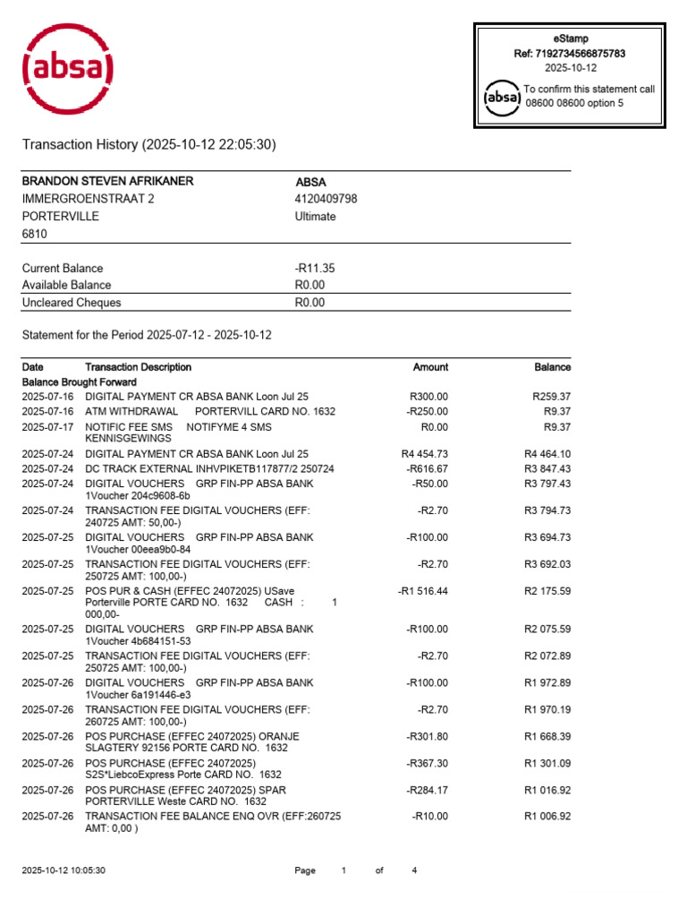 Brandon Steven Afrikaner 2025-07!12!2025!10!12 Stamped | PDF | Debit ...