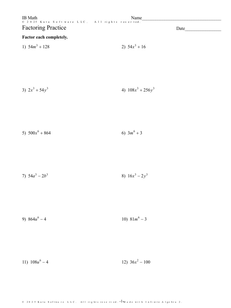 IB Math Factoring Practice Worksheet | PDF