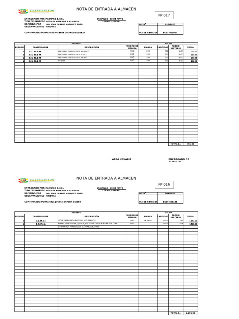Nota de Entrada de Almacen | PDF
