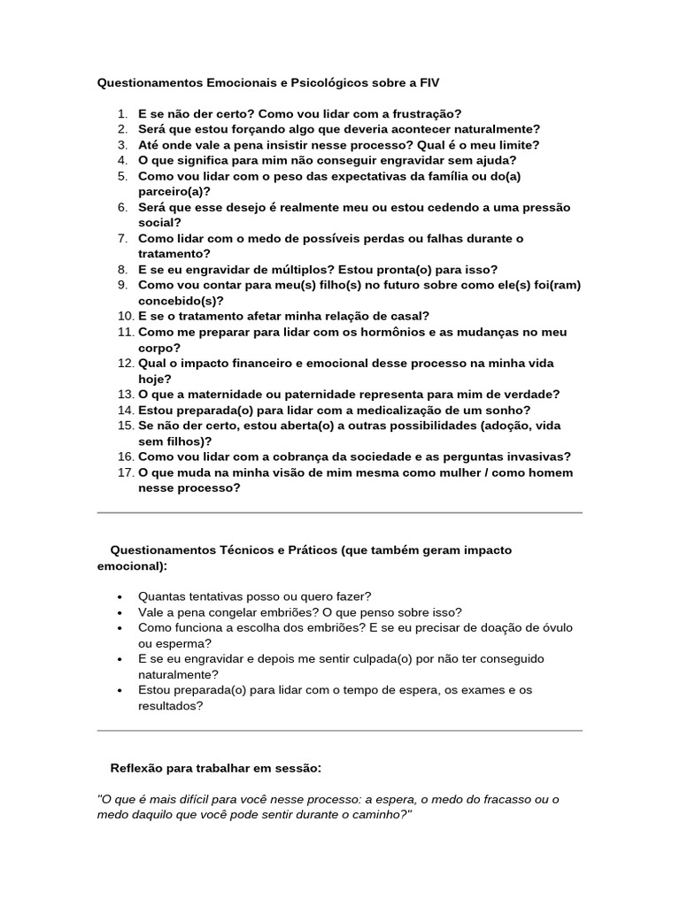 Questionamentos Emocionais e Psicológicos Sobre A FIV | PDF ...