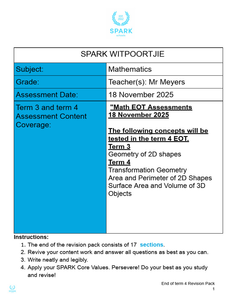 Grade 8 Math EOT Revision Guide | PDF | Area | Shape