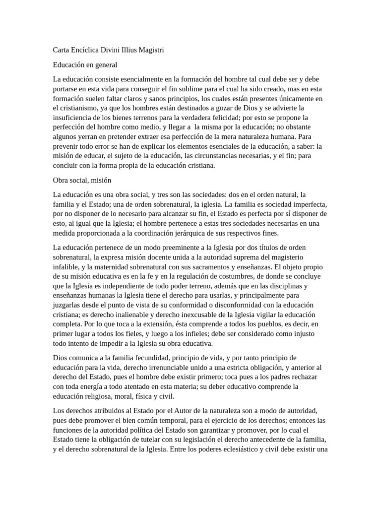 Resumen Divini Illius Magistri | PDF | Iglesia Católica | Estado (política)