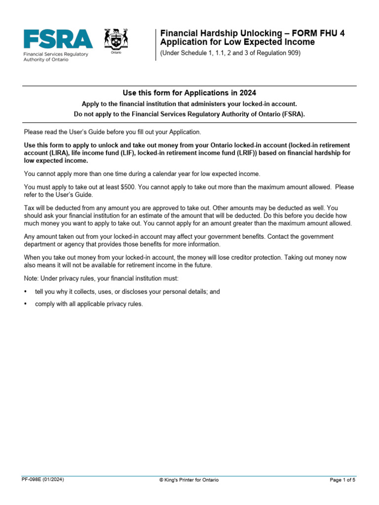 Financial Hardship Unlocking - FORM FHU 4 Application For Low Expected ...