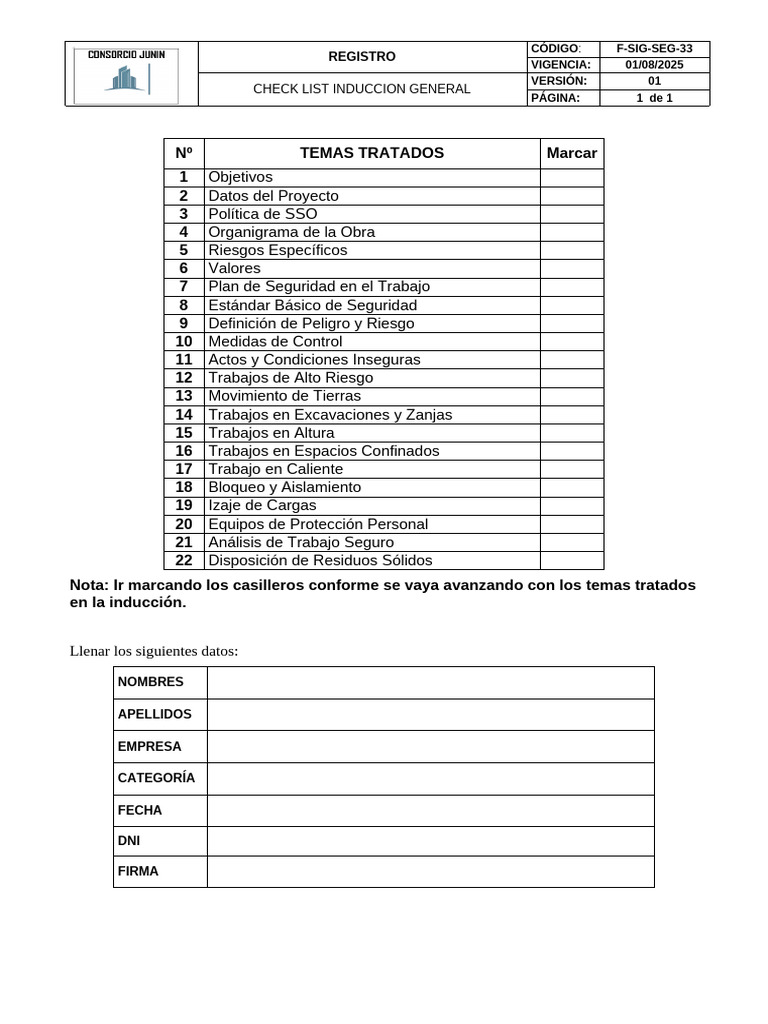 Check List Induccion General | PDF