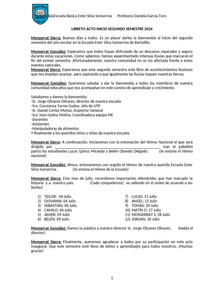 Acto Inaugural Segundo Semestre 2024 | PDF