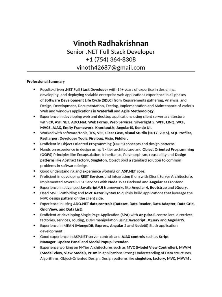 Vinoth Radhakrishnan (.Net Developer Resume) | PDF | Language ...