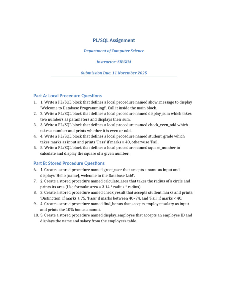 Assignment, Stored Procedure vs. Local Procedure | PDF