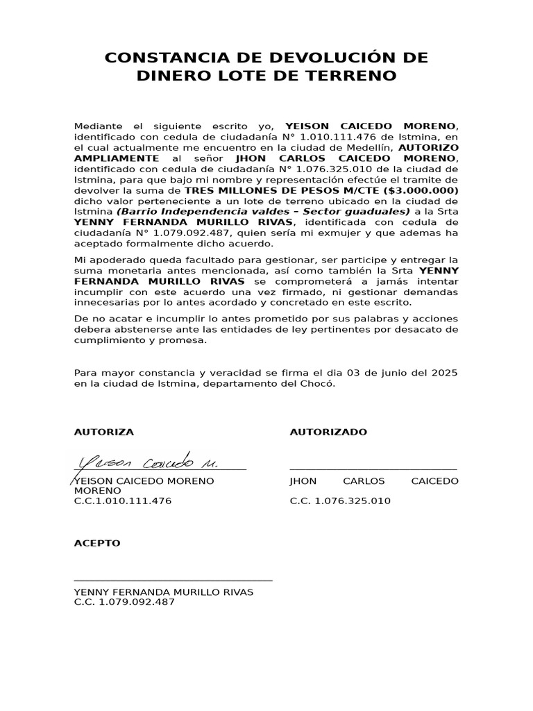 Constancia de Devolución de Dinero Lote de Terreno | PDF