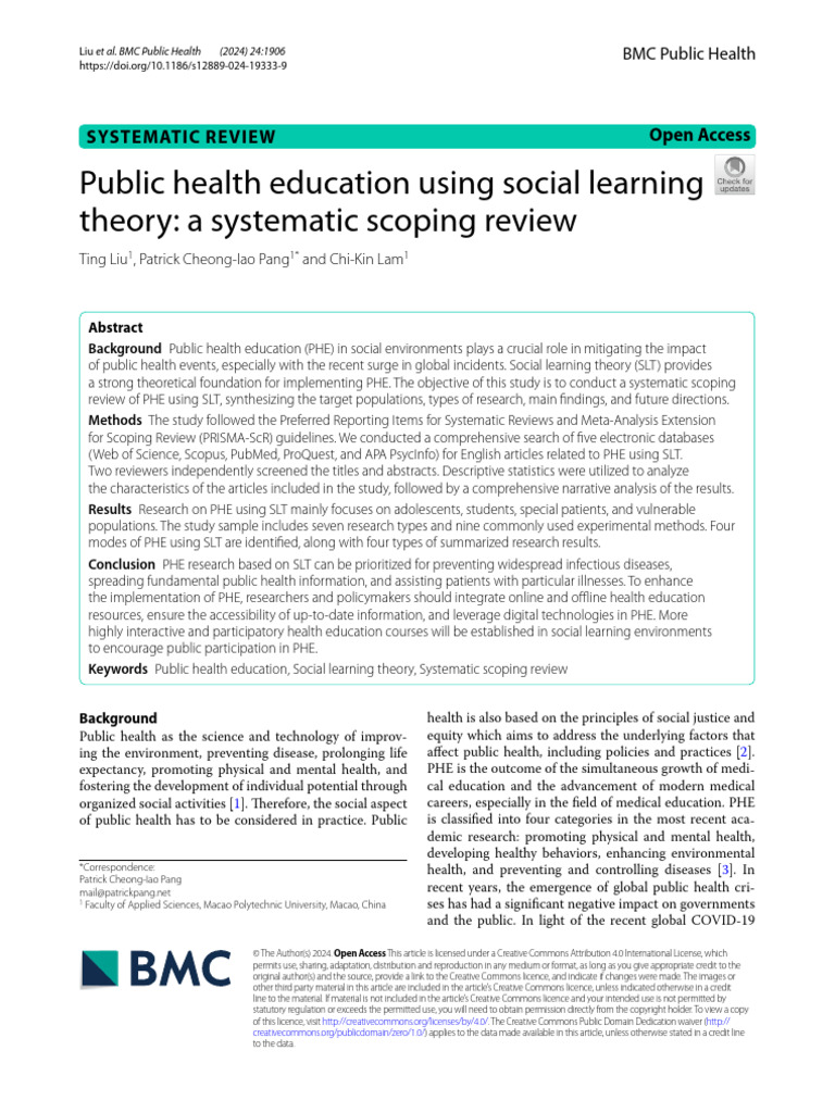 Social Learning in Public Health Education | PDF | Systematic Review ...