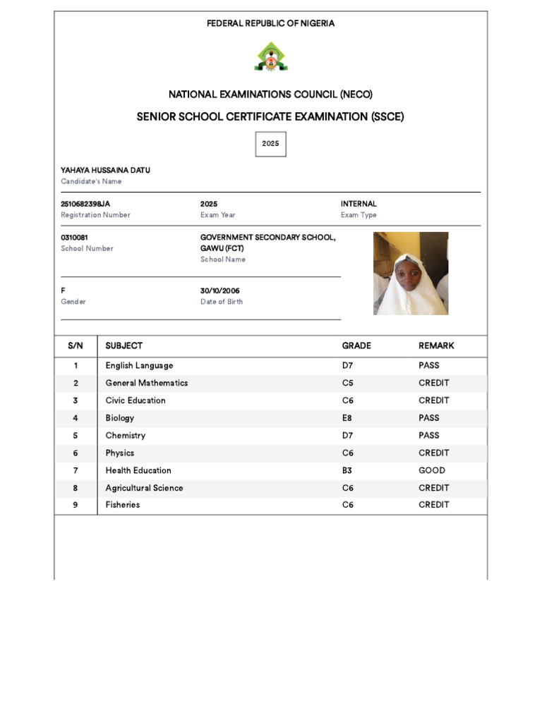 NECO Results Portal | PDF