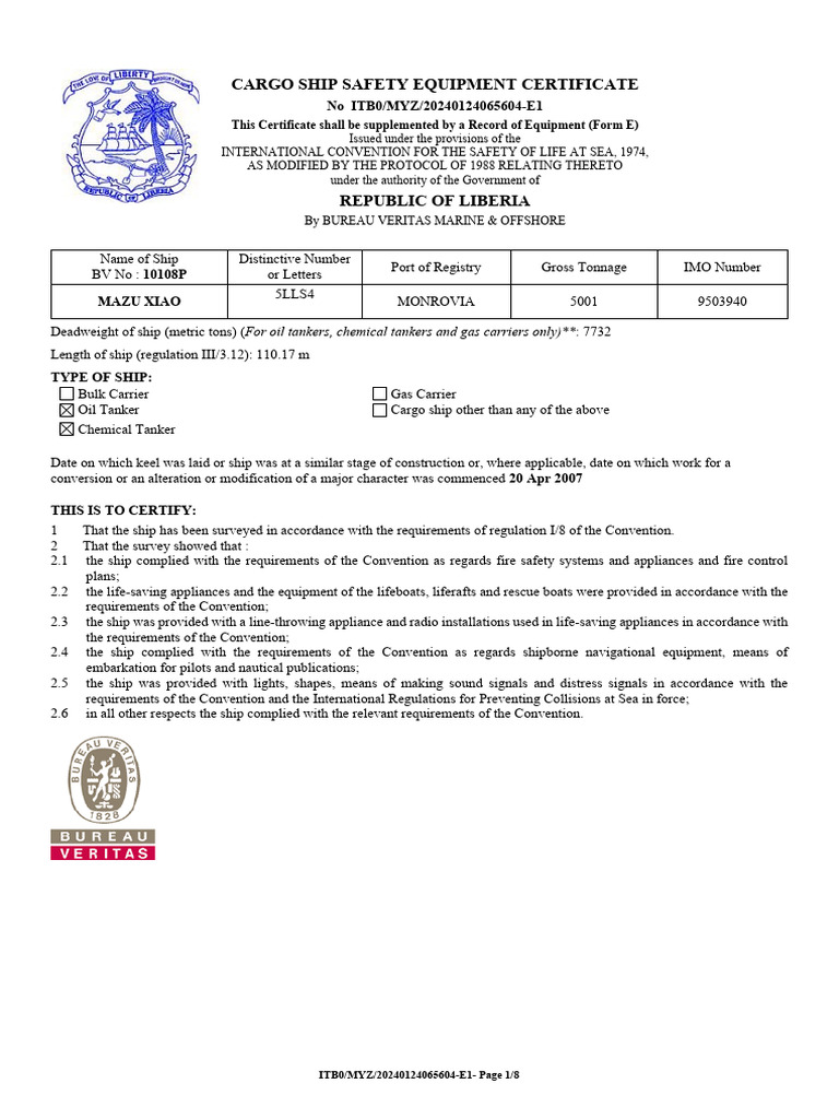 Cargo Ship Safety Equipment Certificate | PDF | Ships | Water Transport