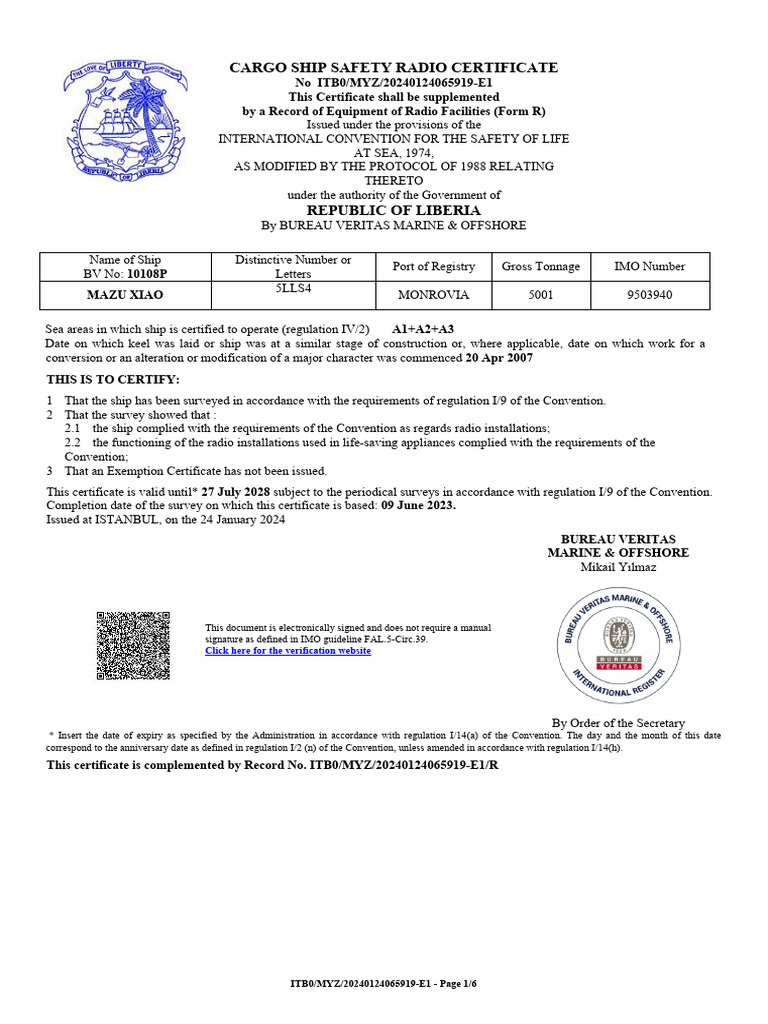 (SRC) Cargo Ship Safety Radio Certificate Form R (Ex.27.07.2028) | PDF | Electronics ...