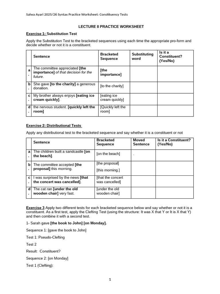 Syntax Constituency Tests Worksheet | PDF