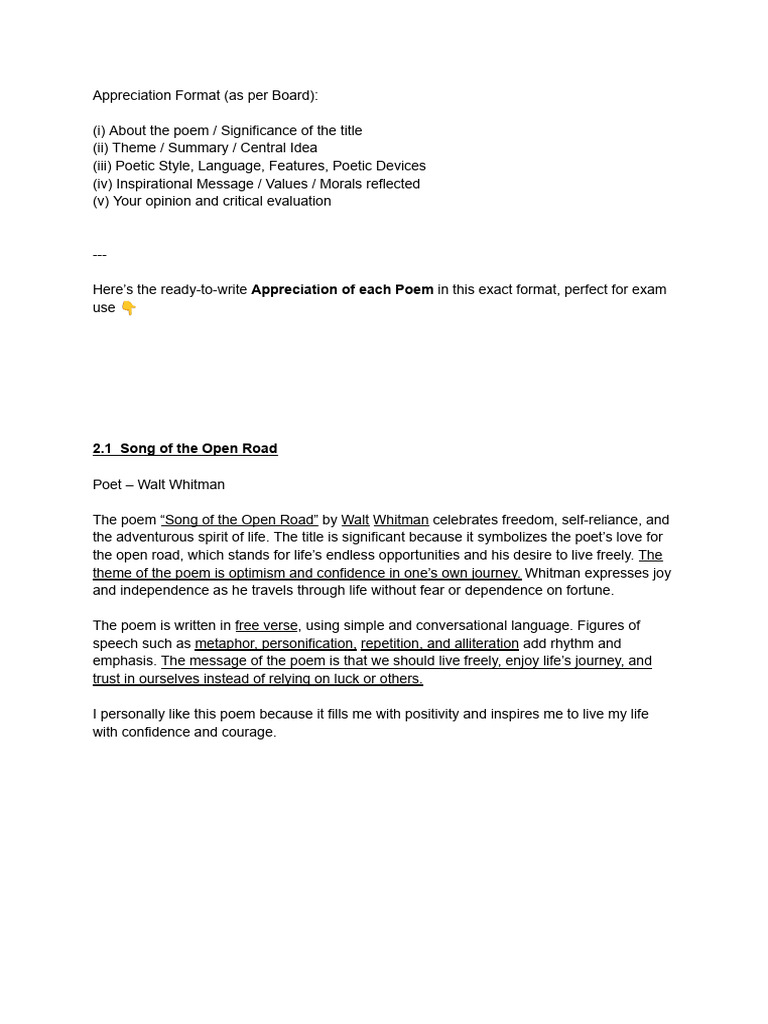 12th Standard English, Appreciation of All Poems | PDF | Poetry | Beauty