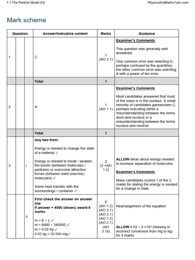 Physics Mark Scheme for Particle Model | PDF | Atomic Nucleus | Atoms