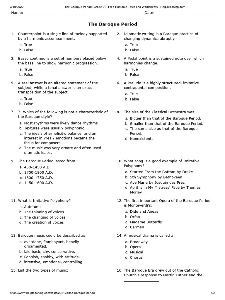 The Baroque Era - Worksheets | PDF | Baroque Music | Harmony