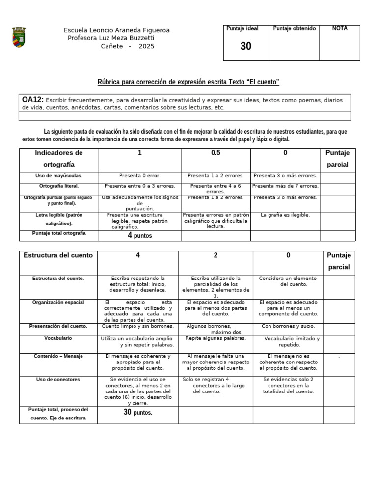 4° Basico Lenguaje Rubrica Escritura El Cuento | PDF | Caligrafía ...