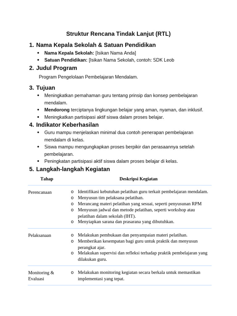 Rencana Tindak Lanjut Pembelajaran Mendalam | PDF