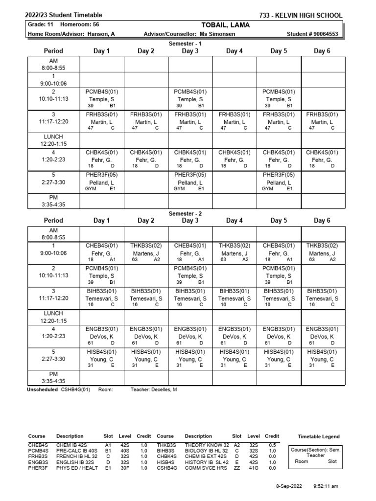 2022/23 Student Timetable 733 - Kelvin High School: Tobail, Lama | PDF ...