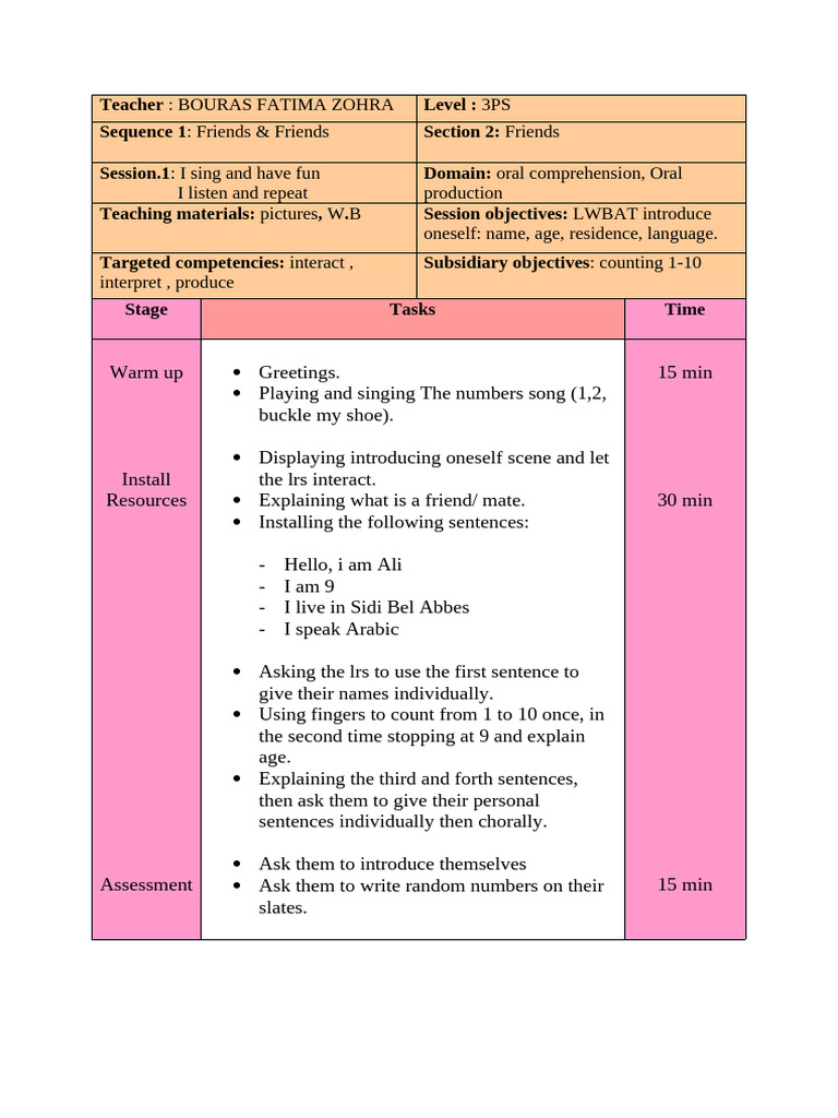 3PS Lesson Plan: Friends & Self-Introduction | PDF