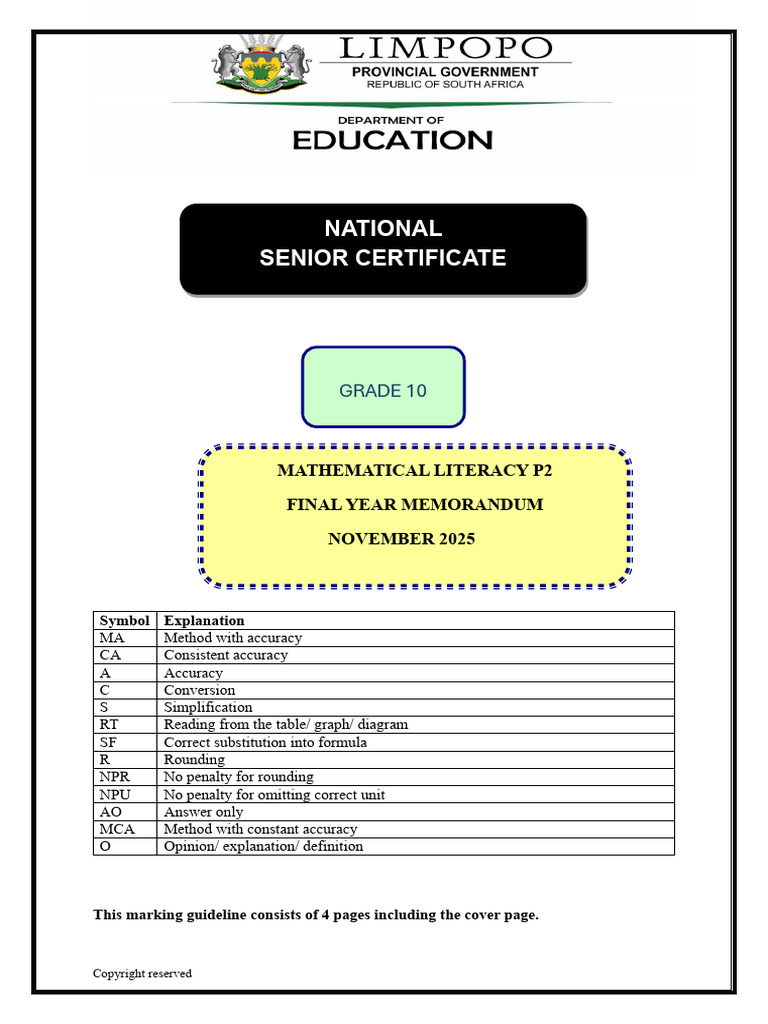 Grade 10 Math Literacy P2 Memo 2025 | PDF | Mathematics