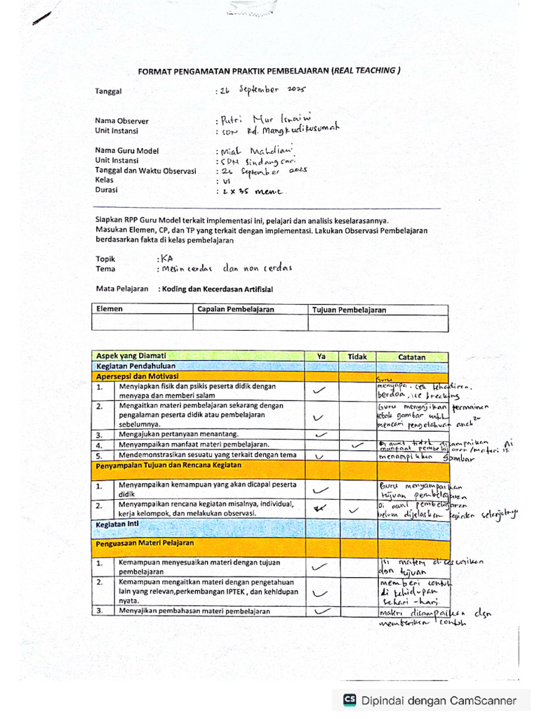 Format Pengamatan Praktik Pembelajaran | PDF