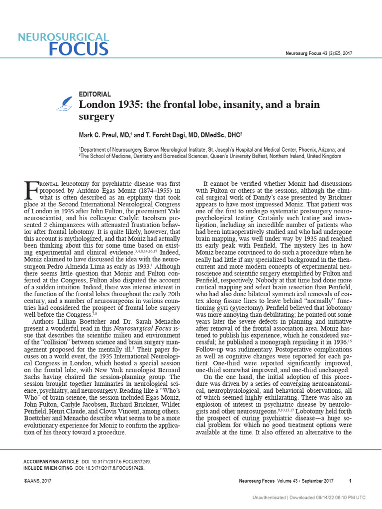 (10920684 - Neurosurgical Focus) Editorial. London 1935 - The Frontal ...