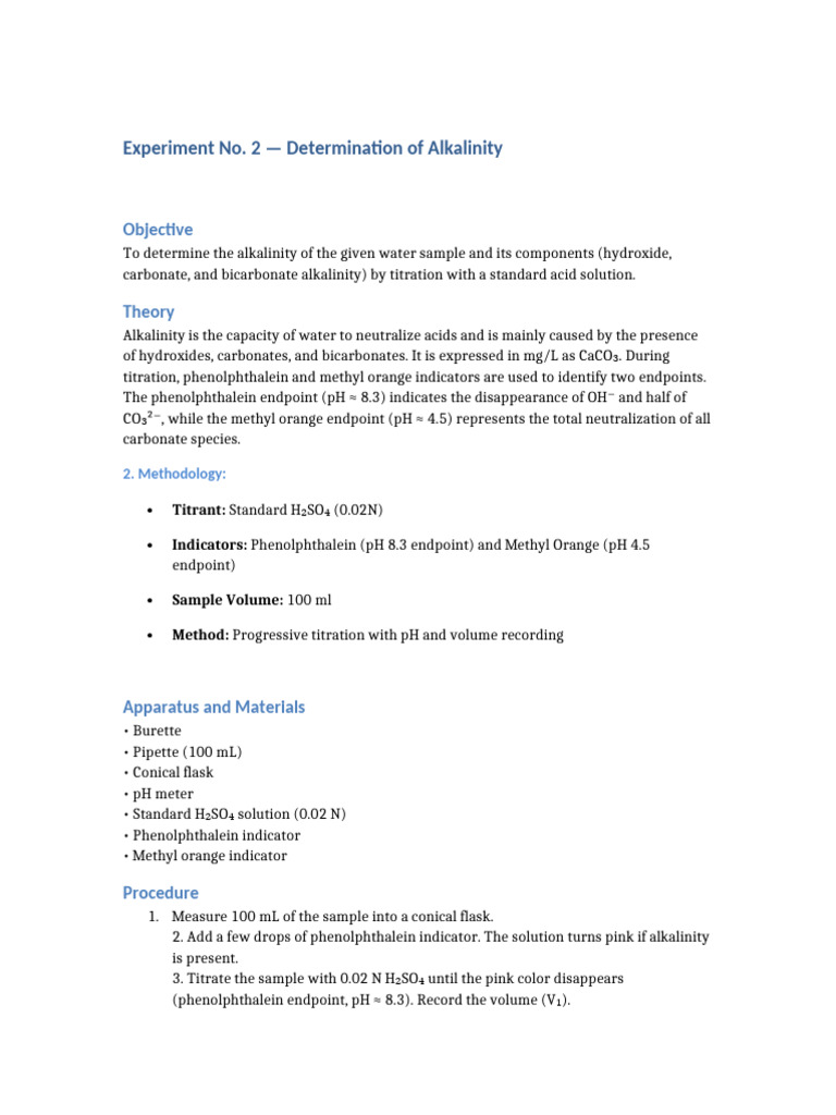 Alkalinity Determination in Water Samples | PDF | Titration | Chemistry