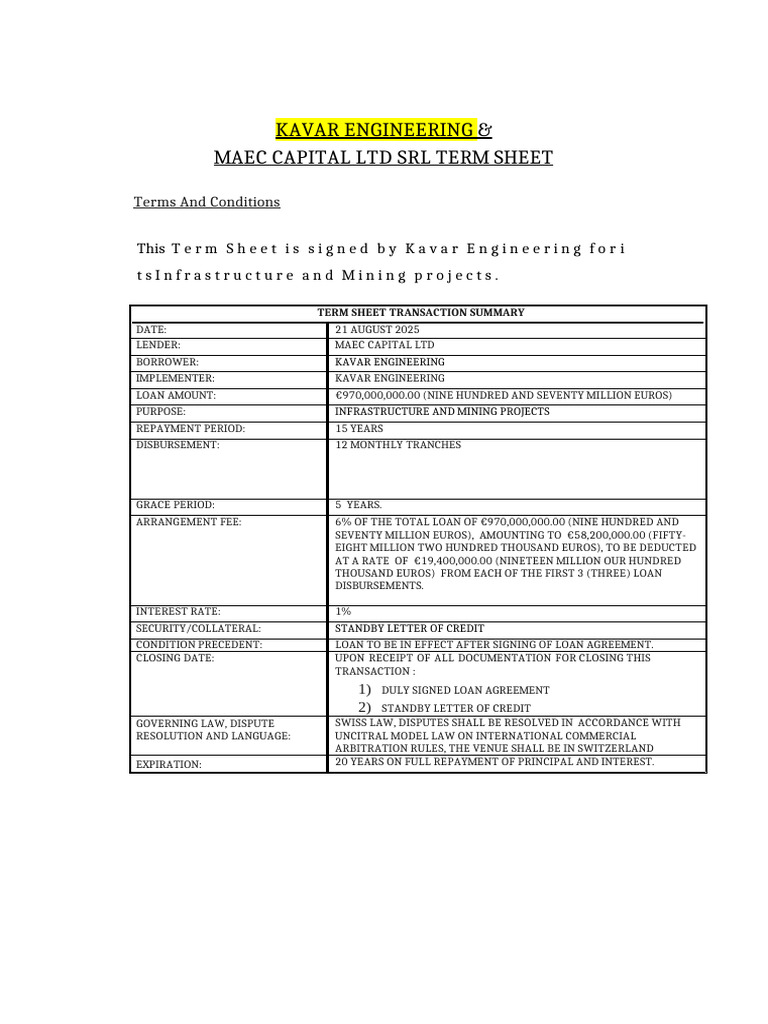 Kavar Engineering-maec Capital Ltd Term Sheet (4) | PDF