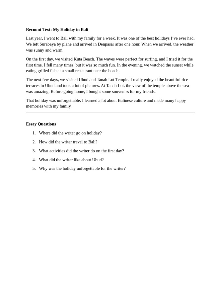 My Unforgettable Bali Holiday Experience | PDF