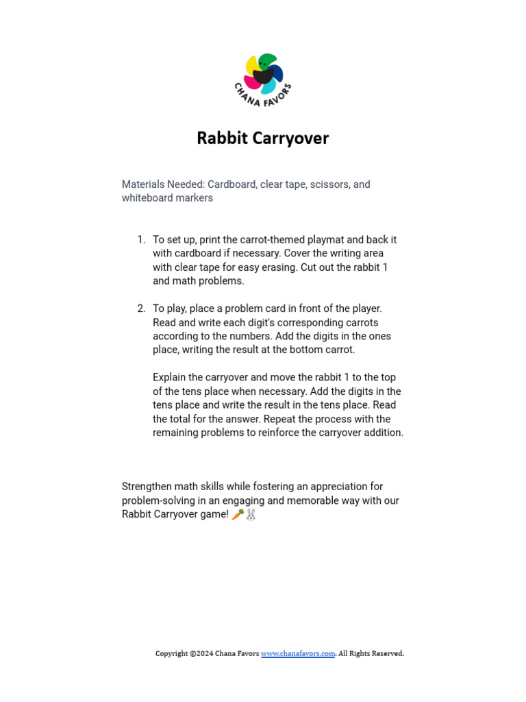 Rabbit Carryover Math Game Guide | PDF | Copyright