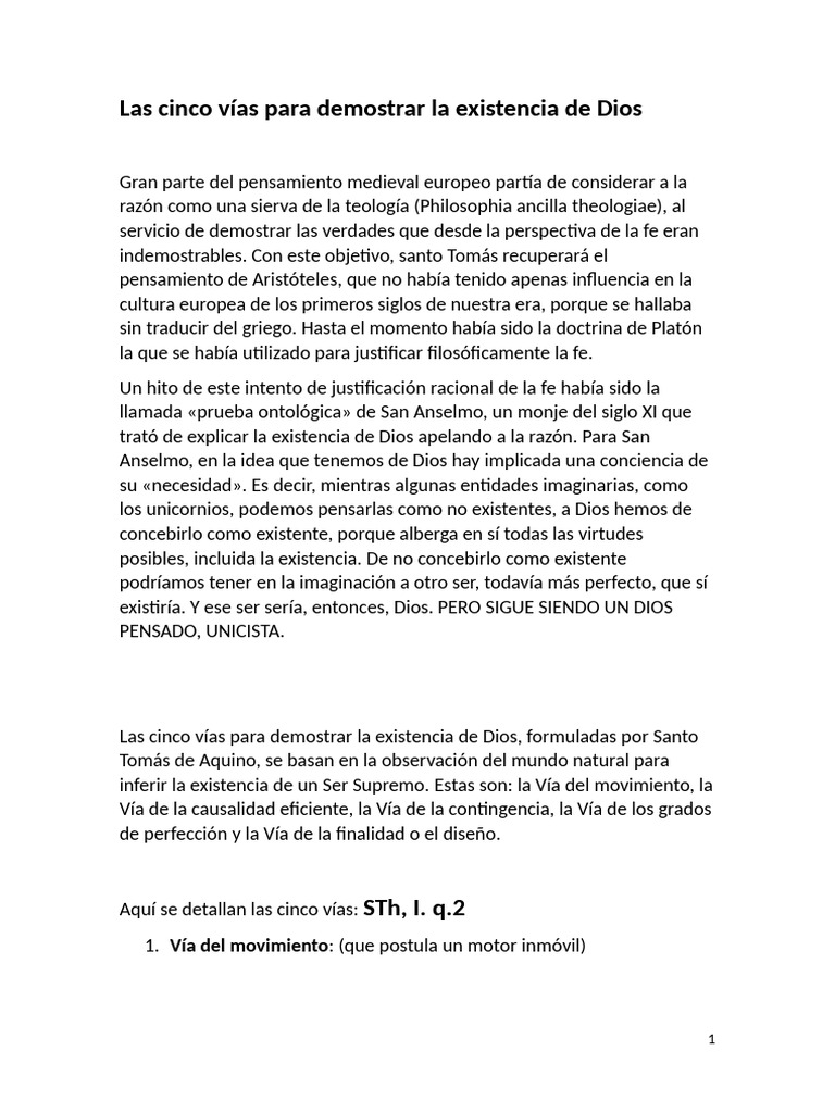 Apéndice Tema 1. Las 5 Vías Existencia de Dios | PDF | Perfección ...