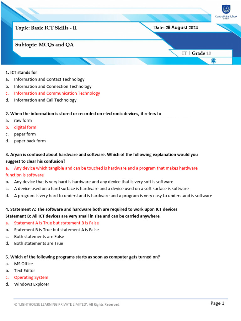 Class-10 ICT Skills MCQs and QA 2024-25 | PDF | Computer Virus | Password
