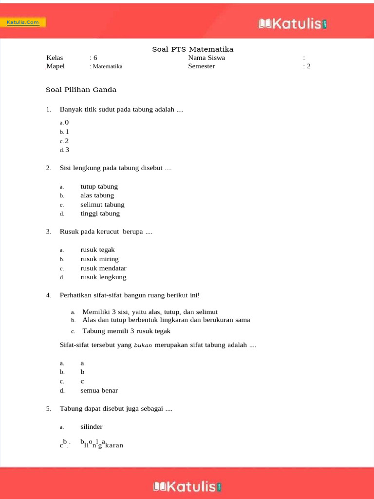 Soal PTS Matematika Kelas 6 Semester 2 | PDF