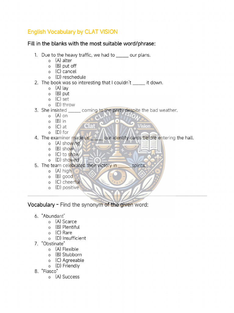 English Vocabulary Questions by CLAT VISION | PDF