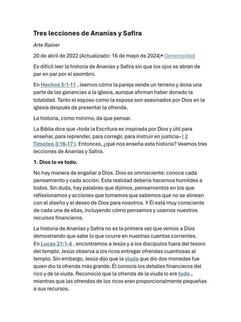 Tres Lecciones de Ananías y Safira | PDF