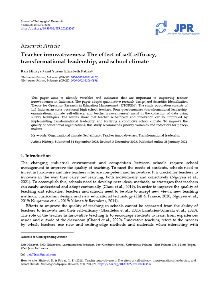 Teacher Innovativeness The Effect of Self Efficacy Transformational Leadership and School ...