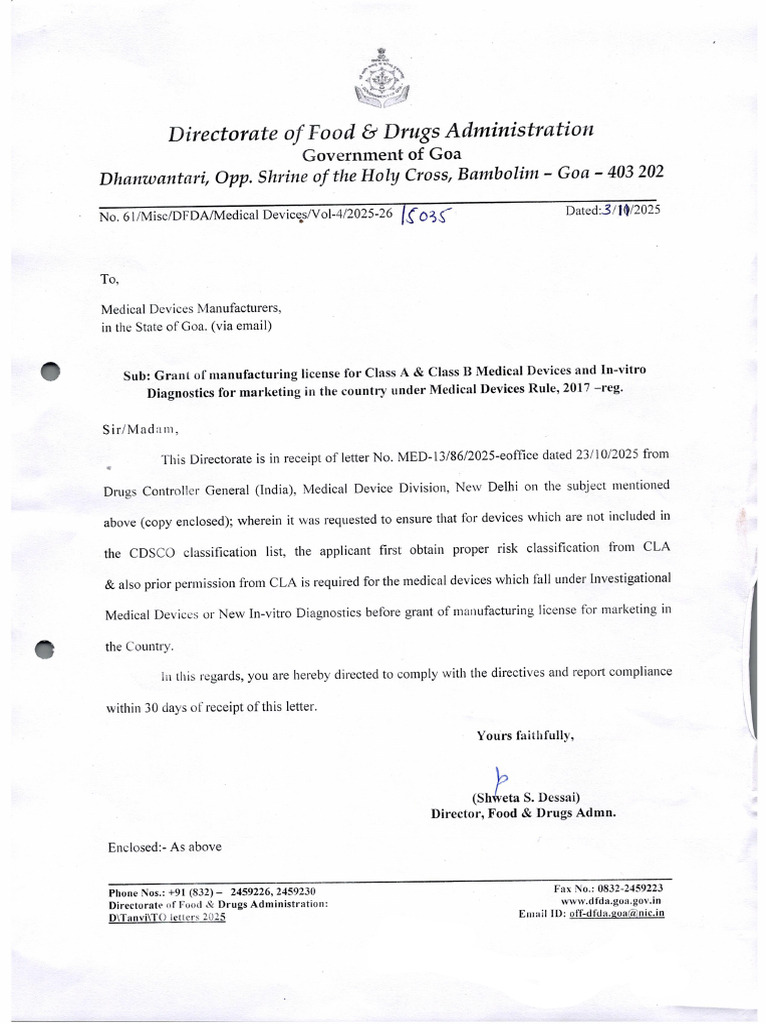 Grant of Manufacturing License For Class A Class B Medical Devices and ...