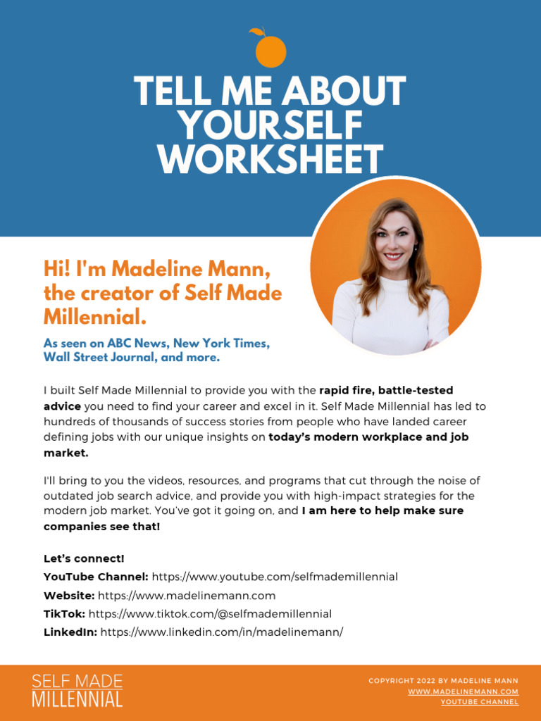 Tell Me About Yourself Worksheet Self Made Millennial | PDF