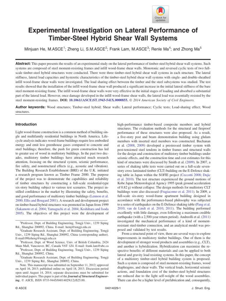 Timber-Steel Hybrid Shear Wall Study | PDF | Framing (Construction) | Screw
